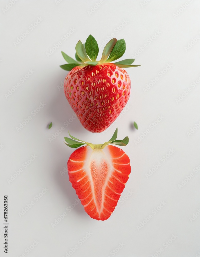 top down product mock up of a strawberry with slices against a pure ...