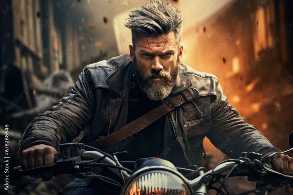 A rugged tough guy with a scruffy beard and a leather jacket, revving ...