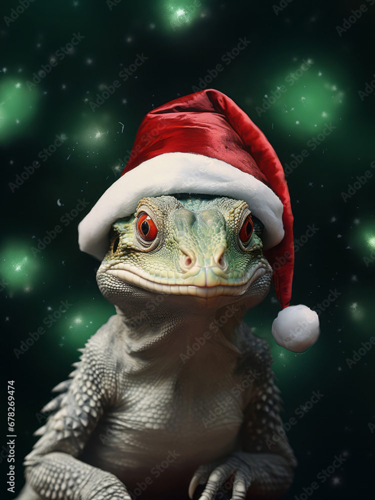 Watercolor Christmas lizard with Santas hat illustration, cute dragon ...