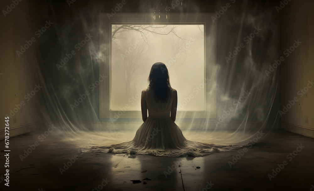 Surreal photo of a depressed woman sitting down in a desolate state of ...