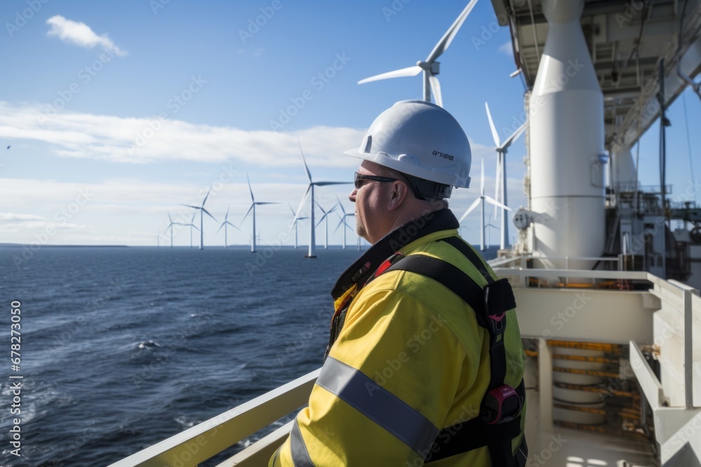 Safety-Conscious Offshore Wind Farm Worker Overlooking Sea of Turbines ...