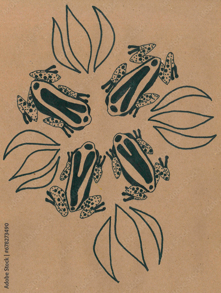 Black silhouettes of spotted tree frogs among flower petals. Isolated ...