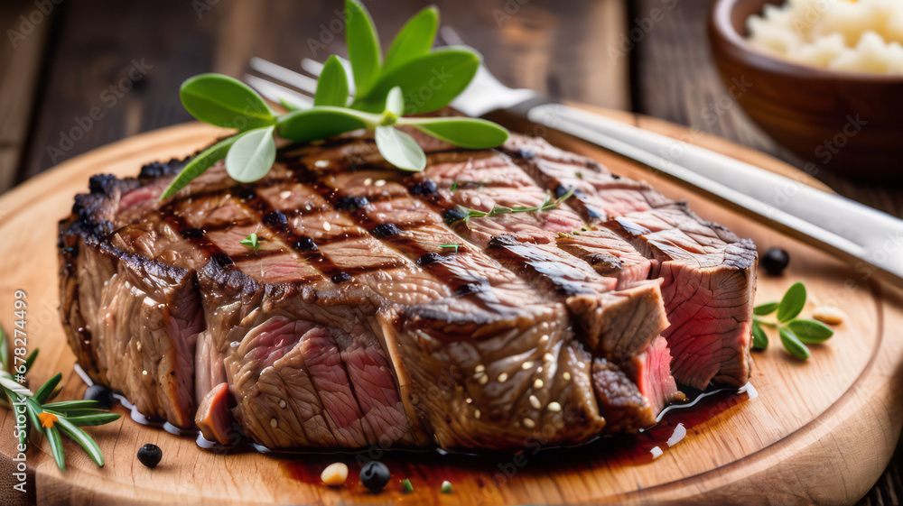 scene a sizzling beef steak succulent beef steak is beautifully plated ...