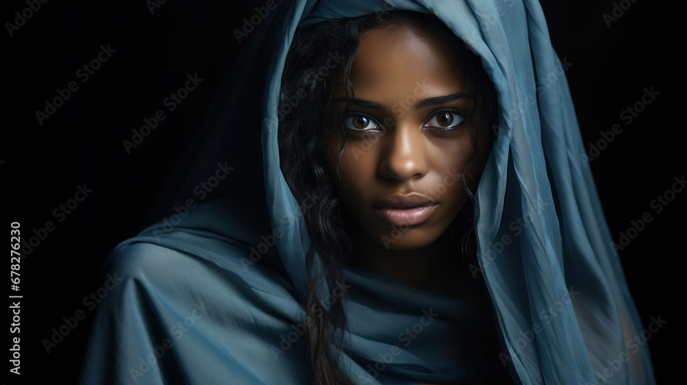 Beautiful african muslim woman in blue hijab cloth, isolated on black ...