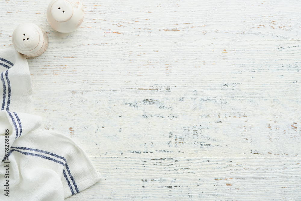 Food cooking empty background. Cooking kitchen napkin, salt and pepper ...
