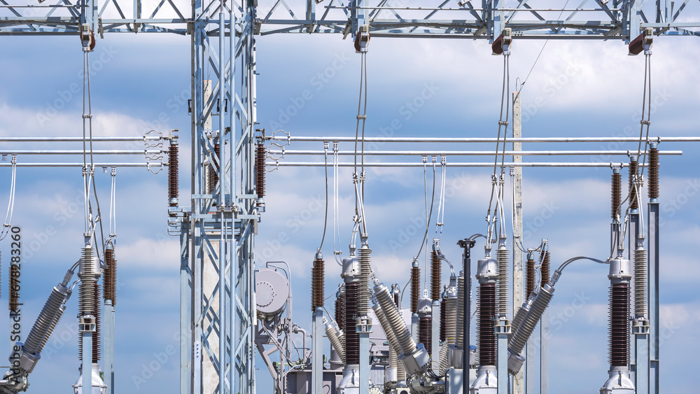 Many high voltage electrical component and insulators connected on ...