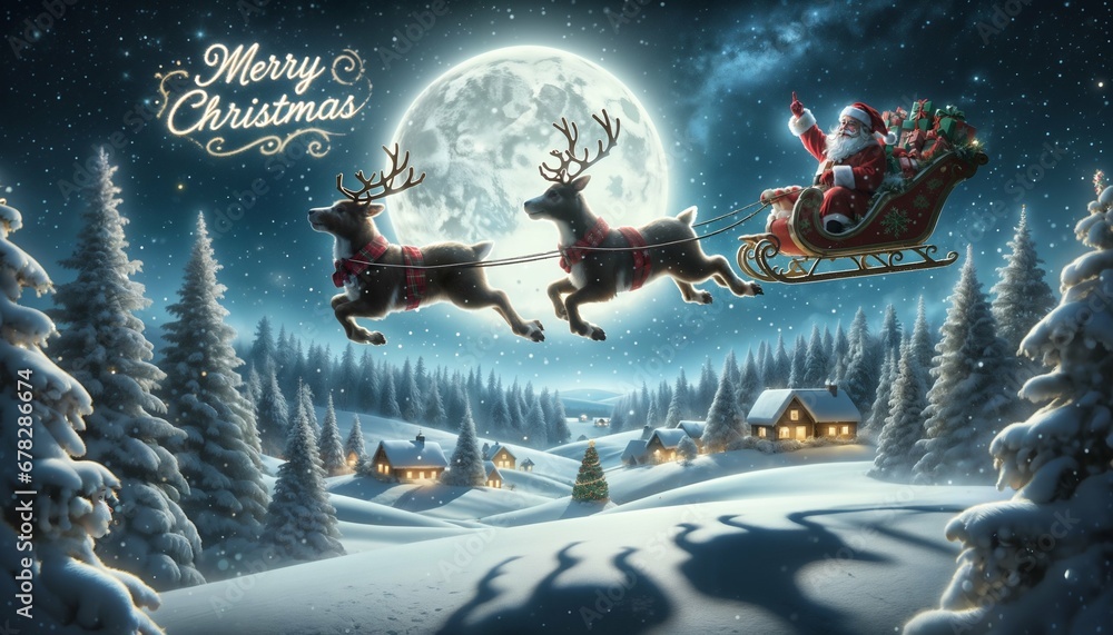 Merry Christmas postcard scene with Santa Claus on sleigh in a starry ...