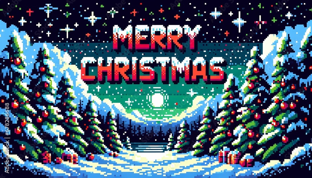 Merry Christmas pixel art 8 bit game background wallpaper trees covered ...