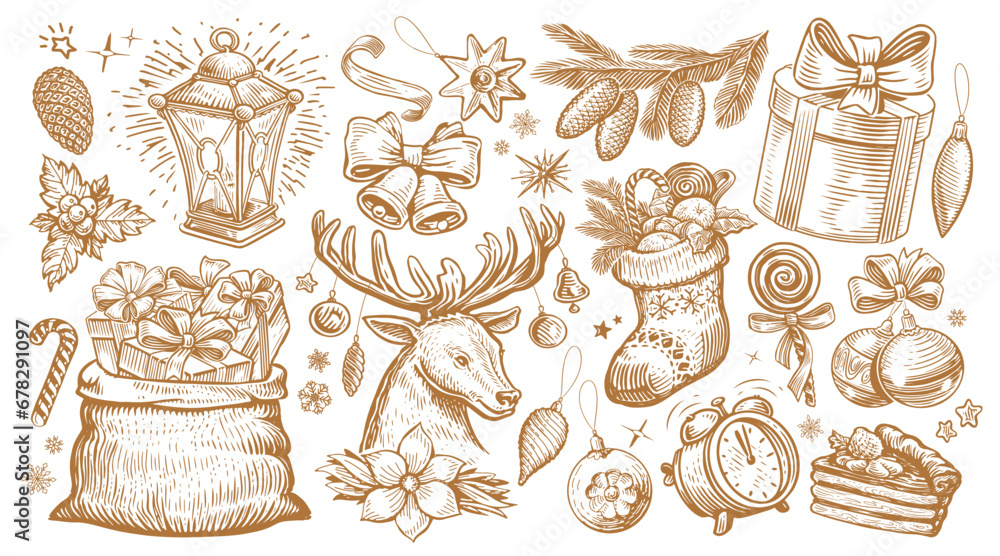 Christmas concept. Hand drawn vector illustration set in retro sketch ...