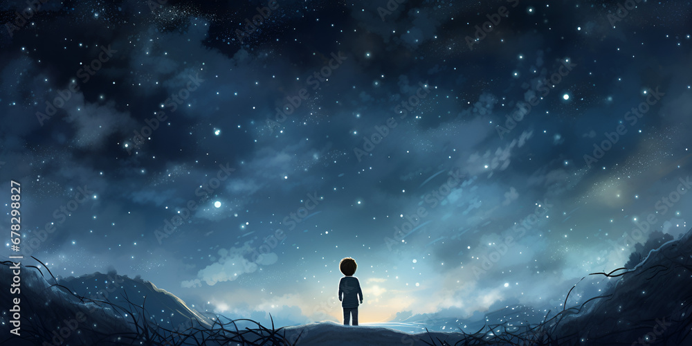 Back view of little boy looking at night sky with moon and stars ...