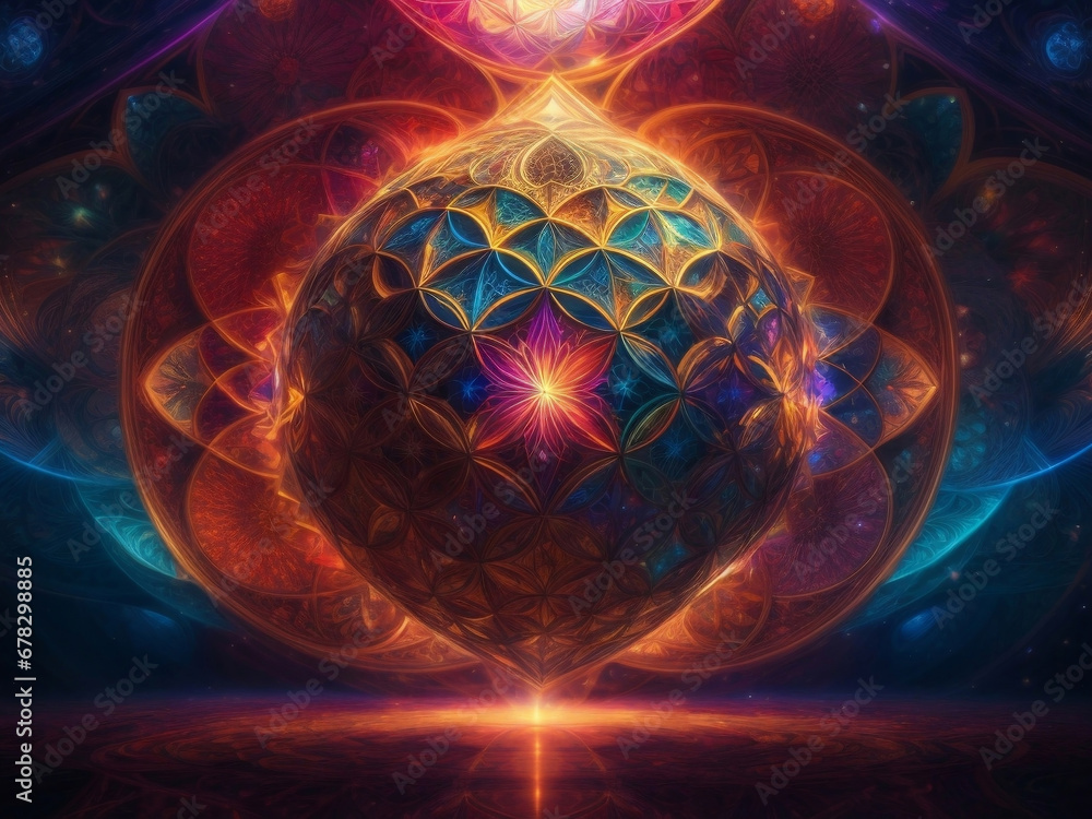 Colorful glowing flower of life grid around planet earth. Sacred ...