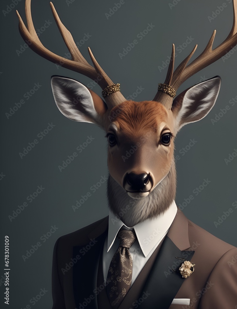 Deer is dressed elegantly in a suit with a lovely tie. An ...
