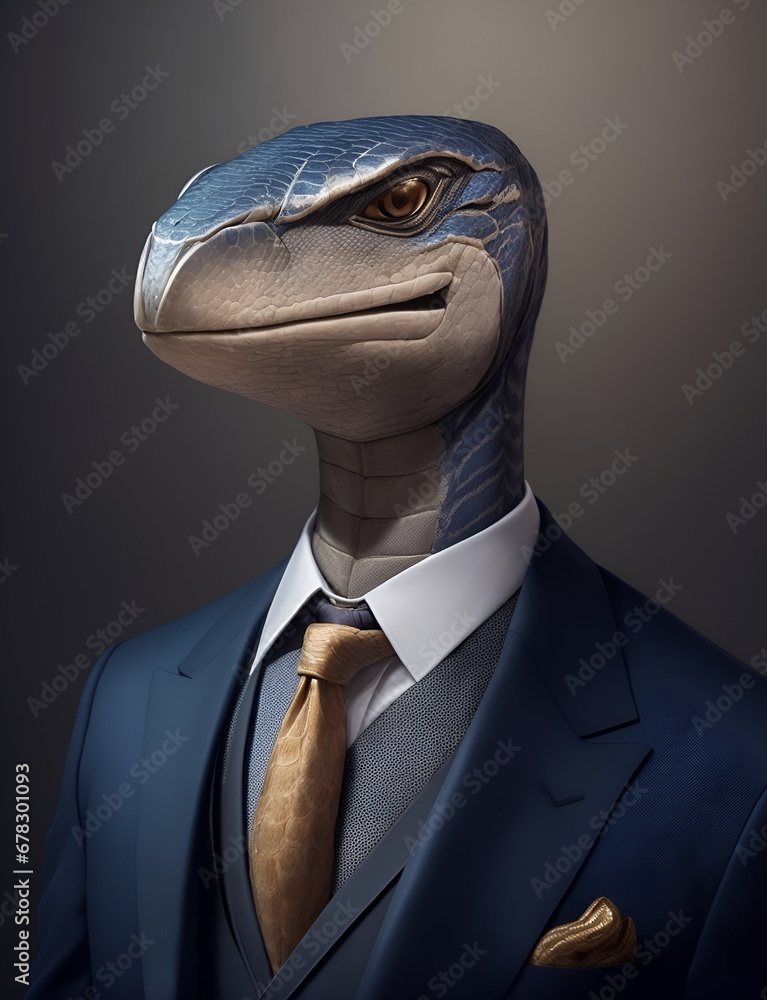 Cobra is dressed elegantly in a suit with a lovely tie. An ...