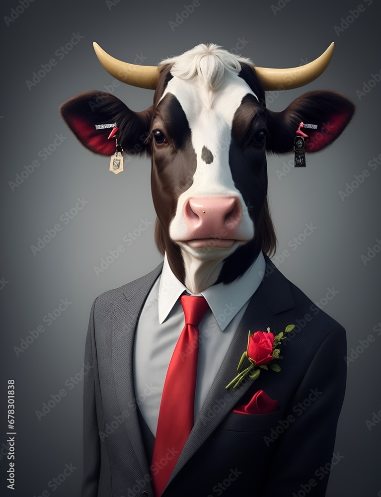 Cow is dressed elegantly in a suit with a lovely tie. An ...