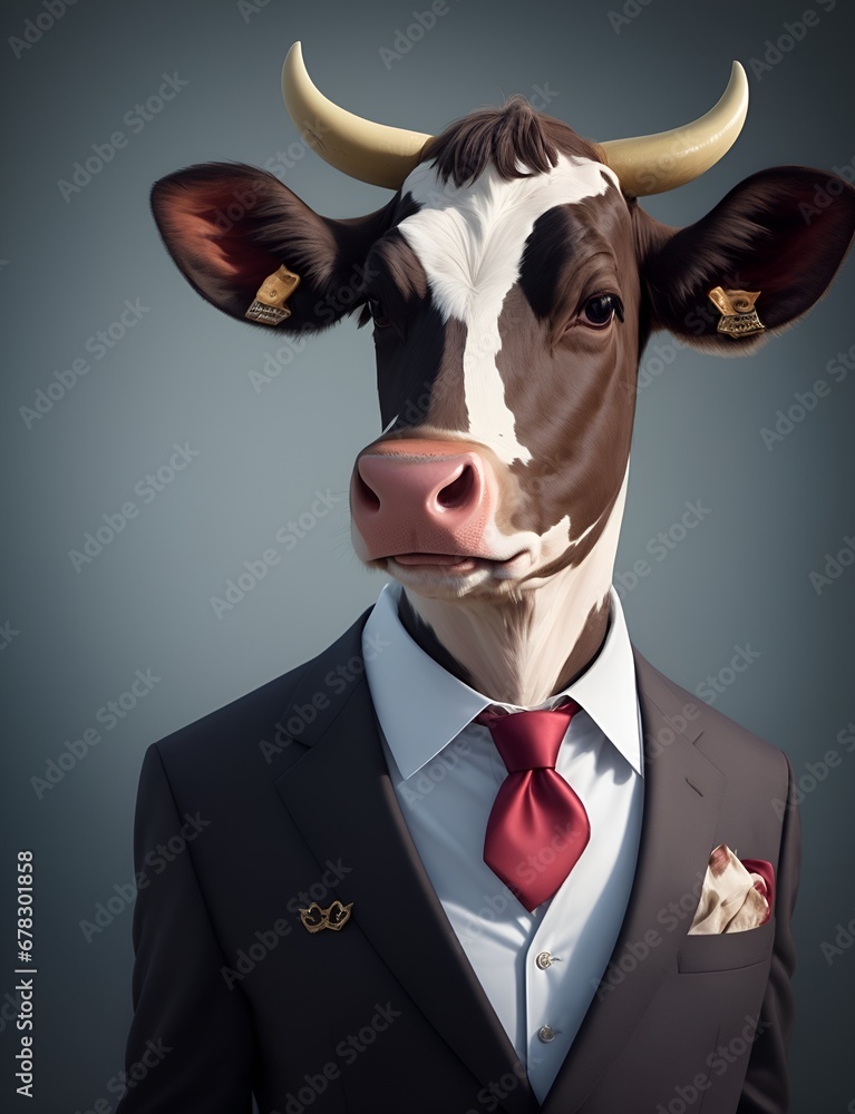 Cow is dressed elegantly in a suit with a lovely tie. An ...
