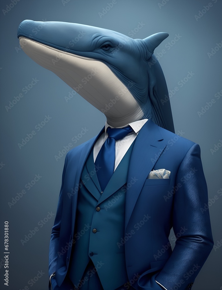 Blue whale is dressed elegantly in a suit with a lovely tie. An ...