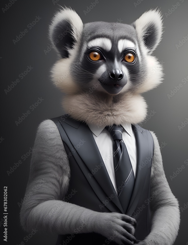 Lemur is dressed elegantly in a suit with a lovely tie. An ...