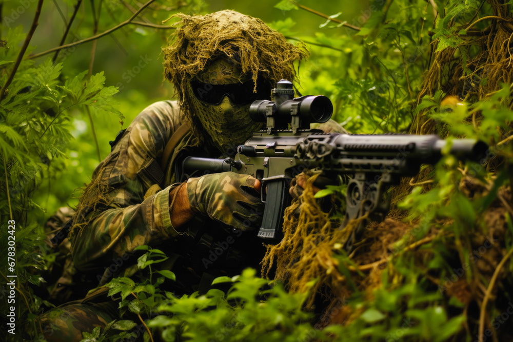 Foto de Well hidden sniper lying down on a hill in the jungle, wearing ...