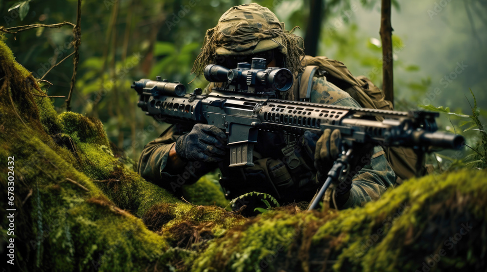 Foto de Well hidden sniper lying down on a hill in the jungle, wearing ...