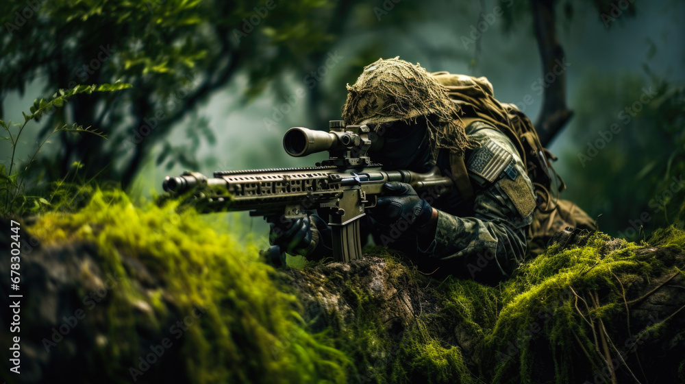 Foto de Well hidden sniper lying down on a hill in the jungle, wearing ...