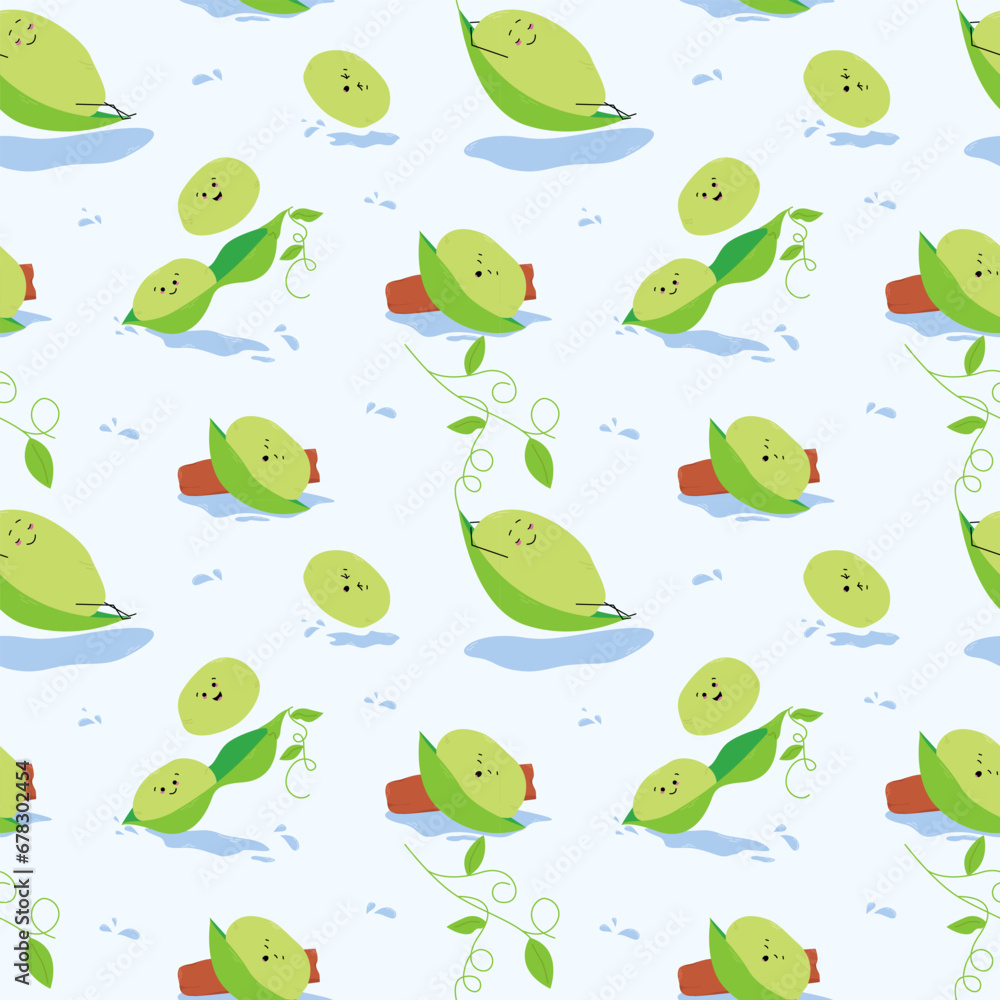 Cute cartoon style green pea characters sailing on a boat. Fat green ...