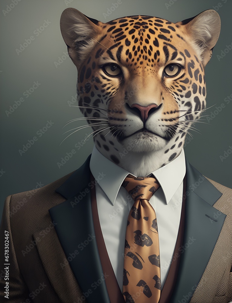 Jaguar is dressed elegantly in a suit with a lovely tie. An ...