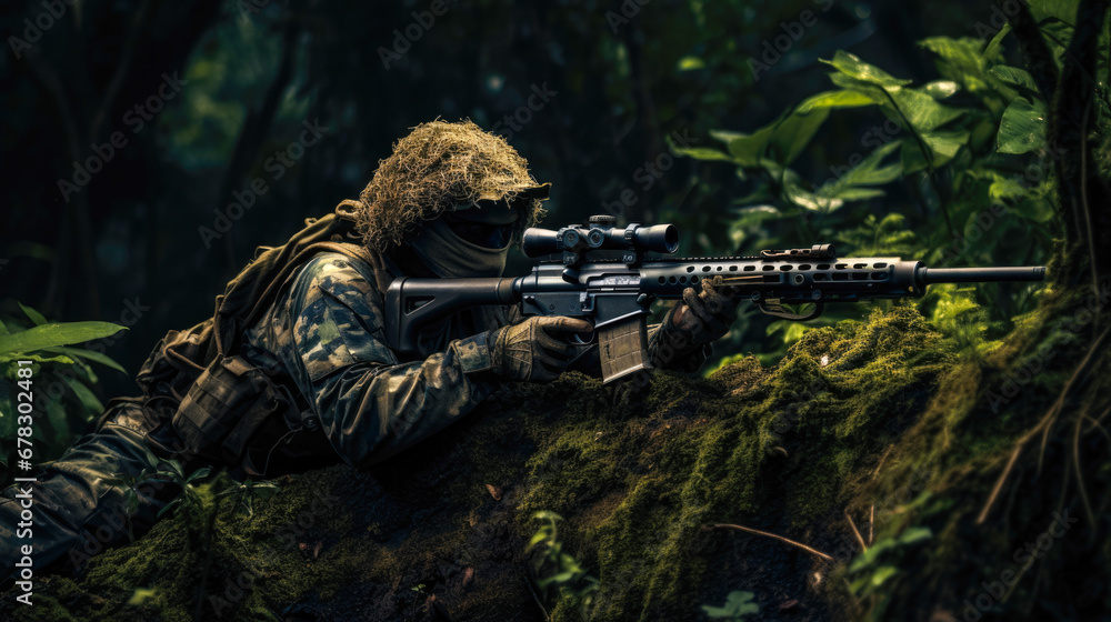 Well hidden sniper lying down on a hill in the jungle, wearing a ...