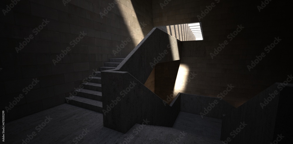 BRUTALIST ARCHITECTURE. CONCRETE FLIGHT OF STAIRS WEAKLY LIT BY ...