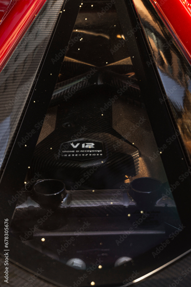 Lamborghini Aventador SVJ V12 engine badge seen through rear glass ...