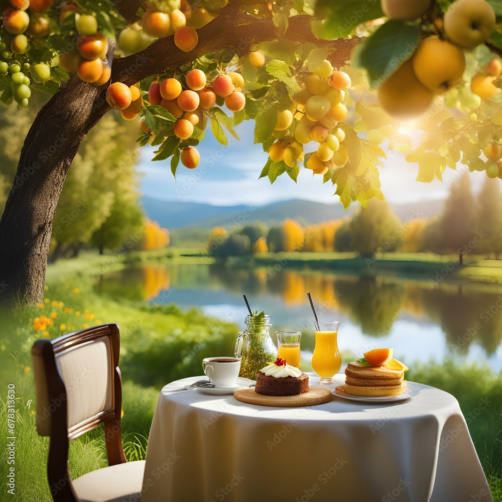 food photograph of a cozy cafe nestled in a bountiful orchard ...