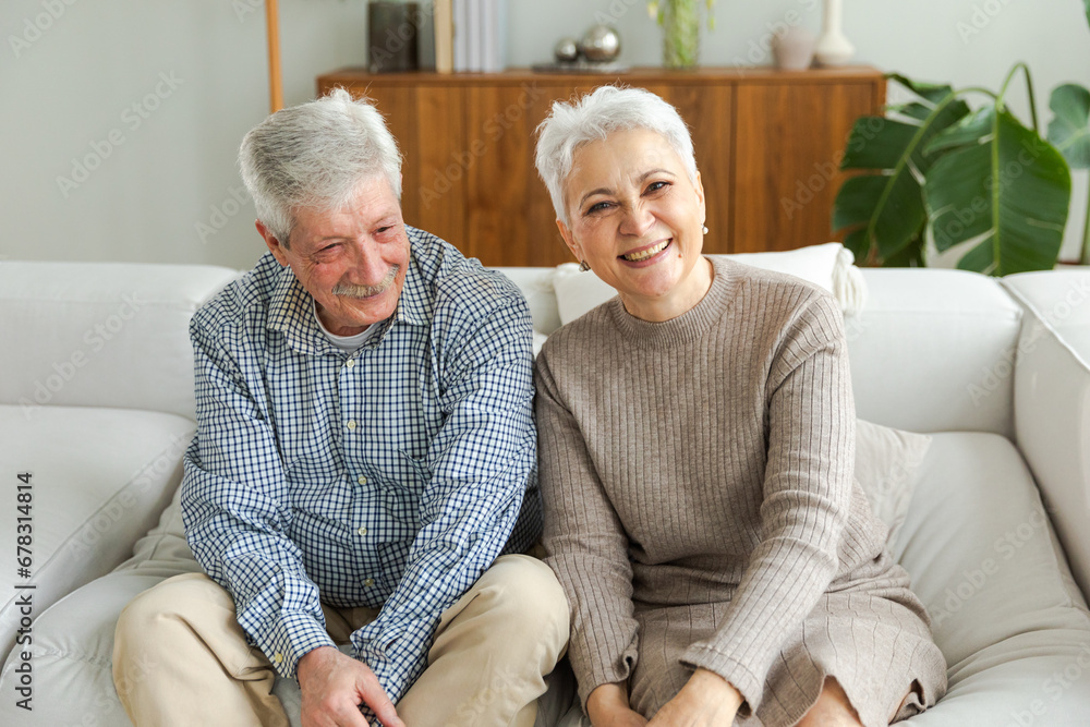 Senior Adult Mature Couple In Love Looking At Camera Sitting On Couch