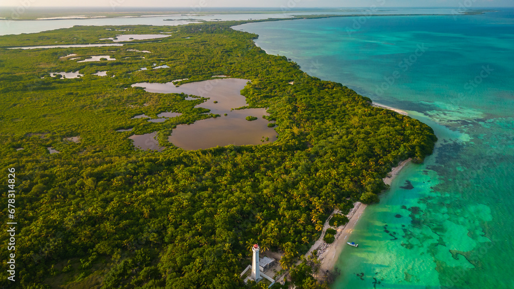 drone fly above natural park biosphere reserve in Tulum Sian Ka'an ...