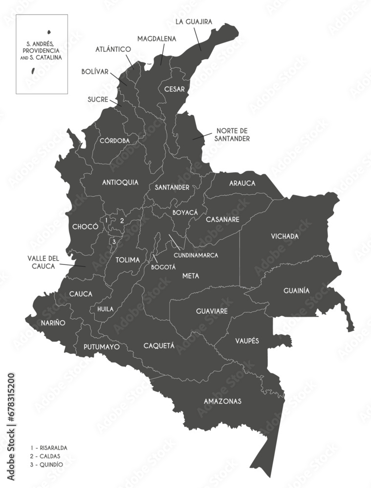 Vector map of Colombia with departments, capital region and ...