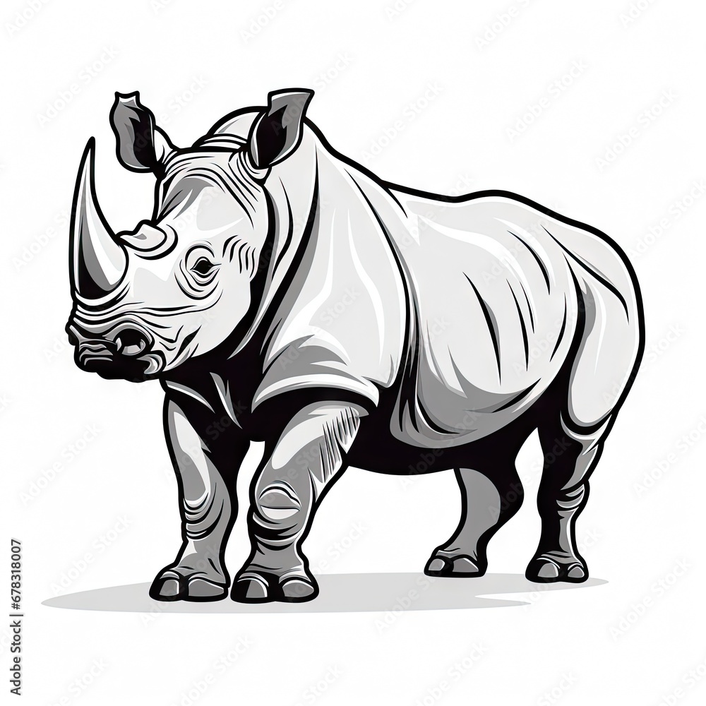 a rhino standing on a white background with a black and white line ...