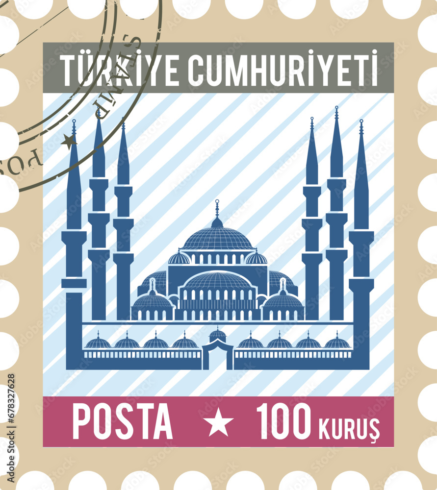 Flat colorful detailed postcard stamp with HAGIA SOPHIA MOSQUE famous ...