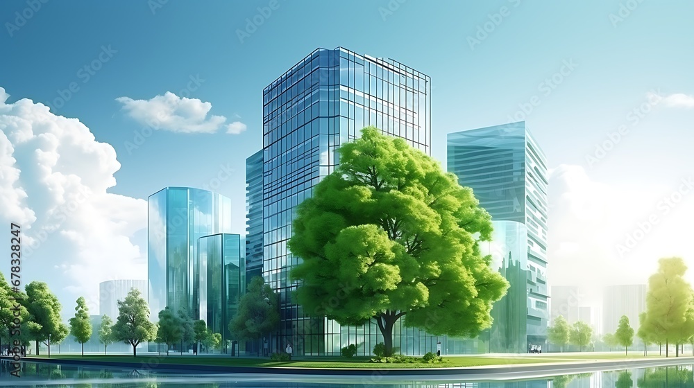 Eco-friendly building in the modern city. Sustainable glass office ...