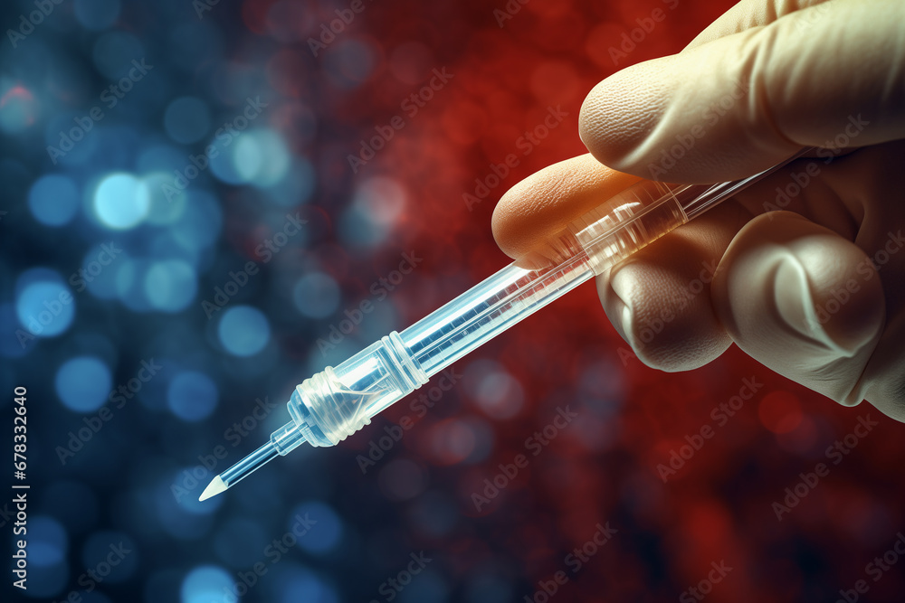 A close-up of a vaccination process, with a needle penetrating the skin ...