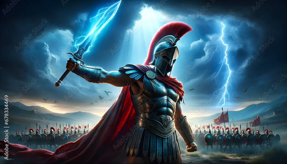 Ancient Spartan warrior in a Greek armor, standing boldly with a sword ...
