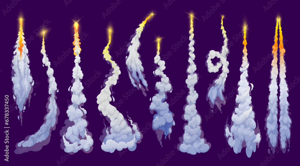 Cartoon rocket smoke trail, missile flight path with fire flame or ...