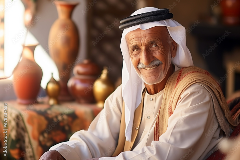 Smiling Arab elderly man. Muslim man. Old person. AI. Stock ...