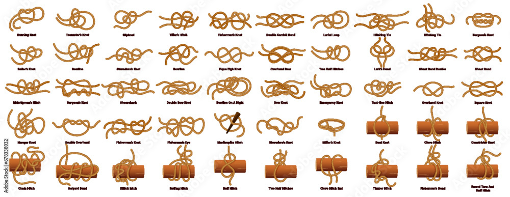 Sailing ship rope knots, nautical sailor tie and bow, vector marine ...