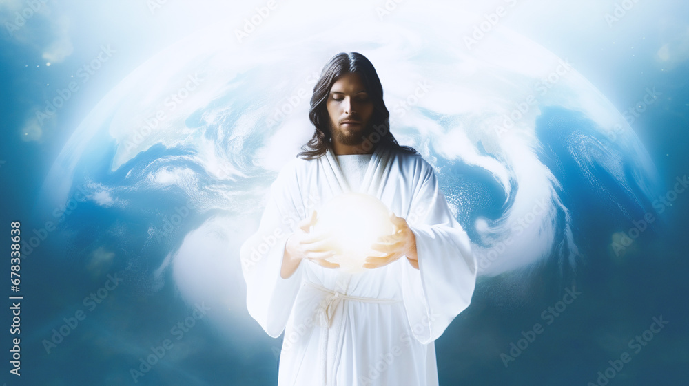Jesus Christ on the background of the globe (planet Earth) holds in his ...