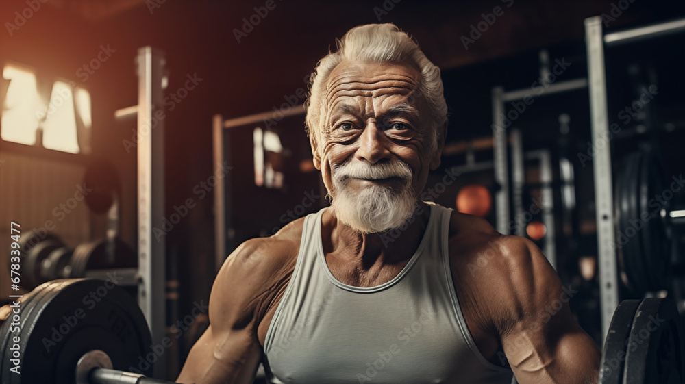 Fitness man at workout. Elderly pensioner old man smiling in gym. 60-70 ...