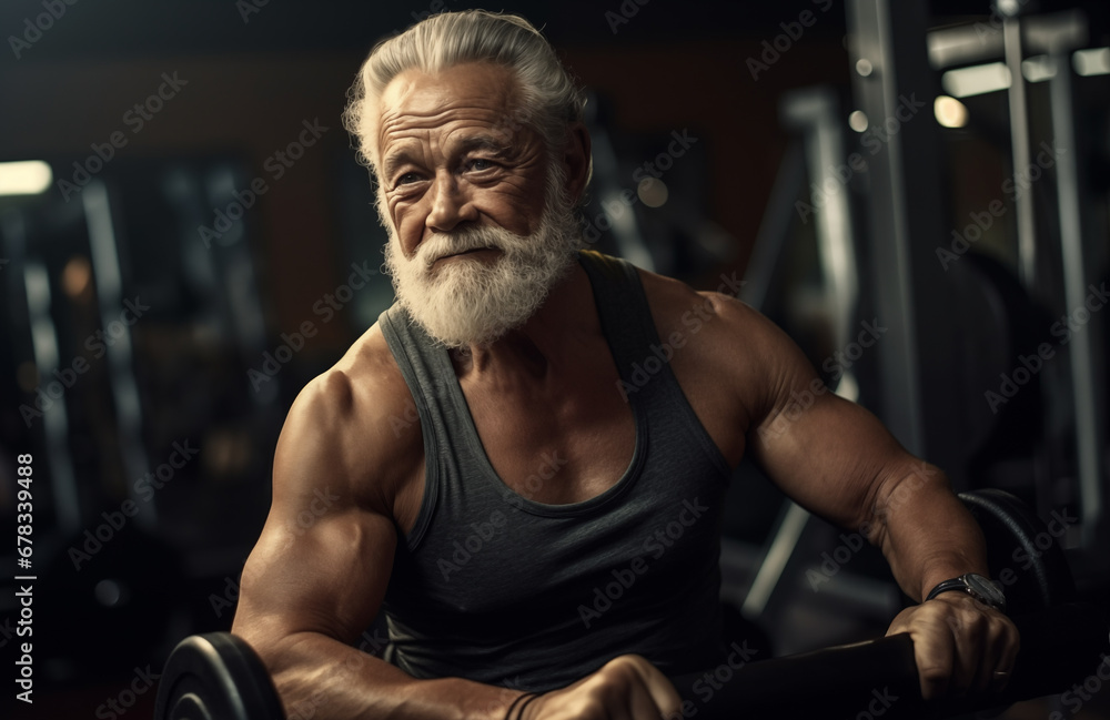 Fitness man at workout. Elderly pensioner old man smiling in gym. 60-70 ...