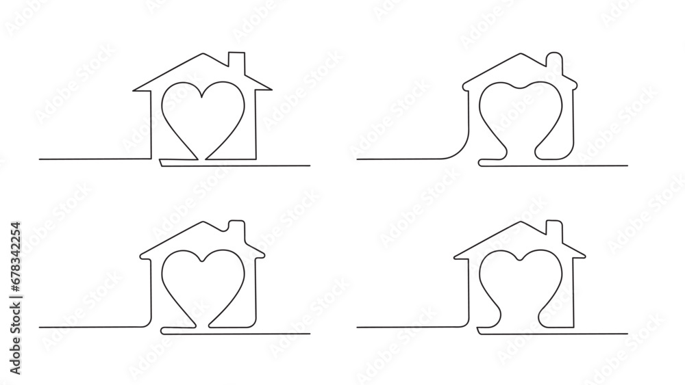 Continuous one line drawing heart inside house, Love in family symbol ...
