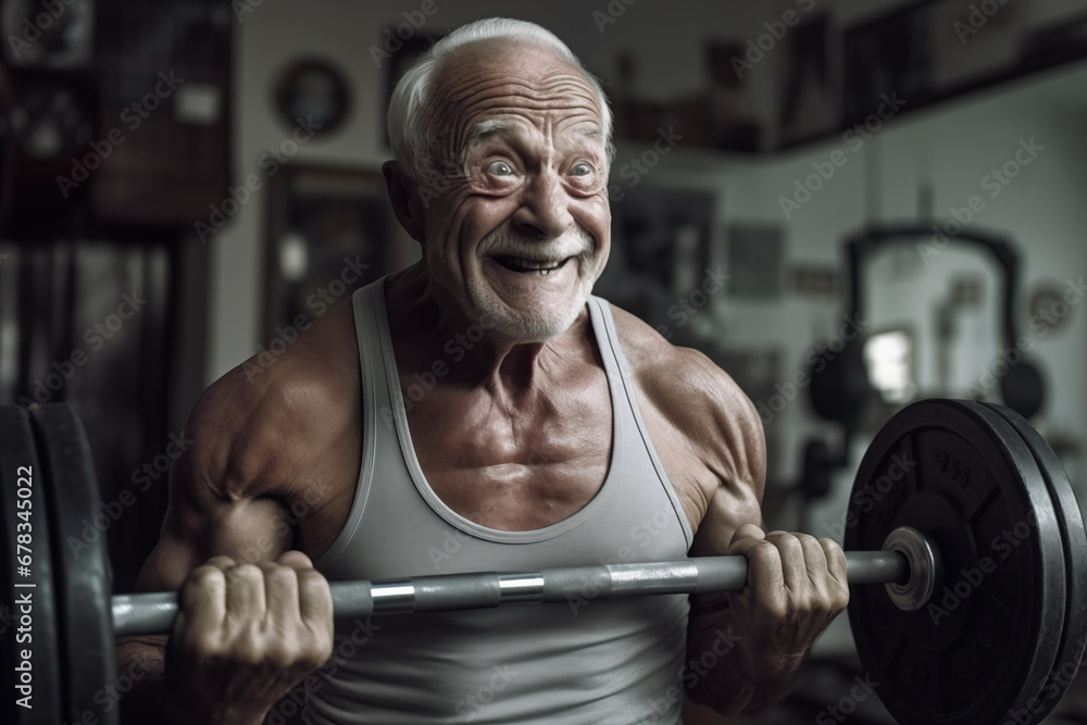 Muscular bodybuilder. Fitness man at workout. Elderly pensioner old man ...