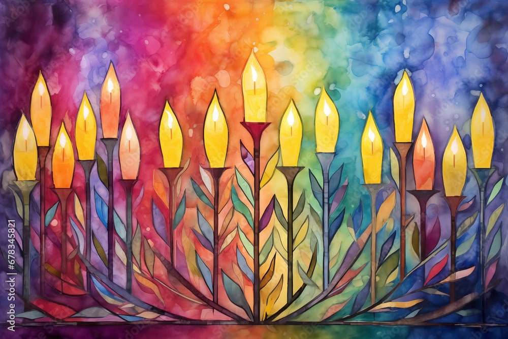 Menorah Brilliance: A watercolor painting featuring a beautifully lit ...
