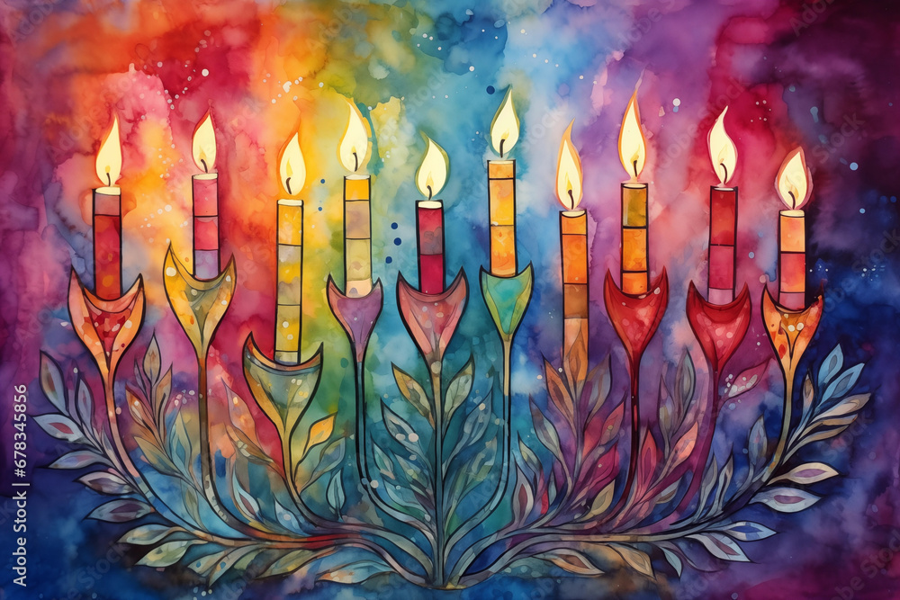 Menorah Brilliance: A watercolor painting featuring a beautifully lit ...