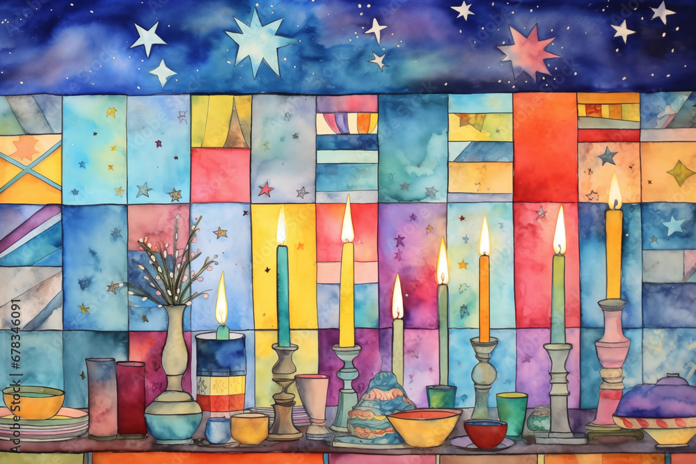 Hanukkah Traditions Collage: A collage-style watercolor painting ...