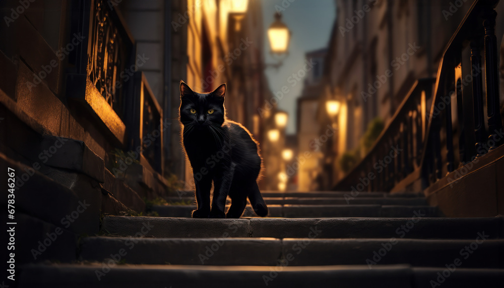 un chat noir dans un escalier, le soir, dans une ville éclairée par des ...